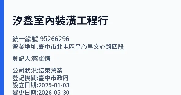 汐鑫室內裝潢工程行的照片-統編 95266296(臺中市) 公司登記資料與營業項目詳細圖表