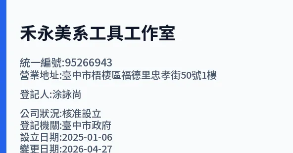 禾永美系工具工作室的照片-統編 95266943(臺中市) 公司登記資料與營業項目詳細圖表