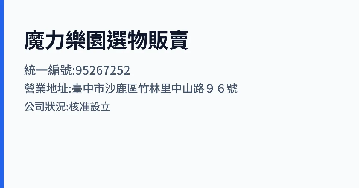 魔力樂園選物販賣 - 統編 95267252（臺中市） 公司登記資料與營業項目詳細圖表