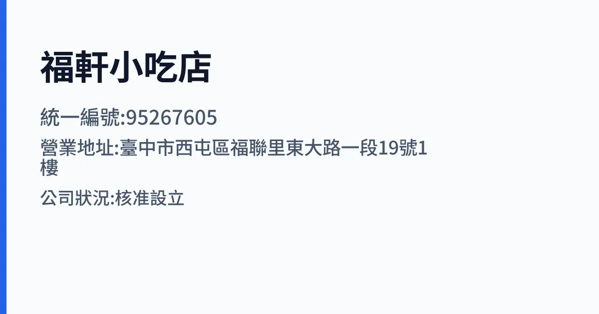 福軒小吃店 - 統編 95267605(臺中市) 公司登記資料與營業項目詳細圖表