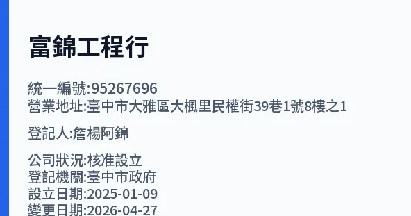 富錦工程行的照片-統編 95267696(臺中市) 公司登記資料與營業項目詳細圖表