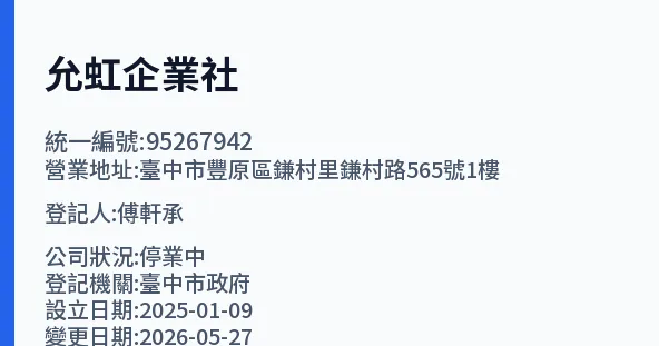 允虹企業社的照片-統編 95267942(臺中市) 公司登記資料與營業項目詳細圖表