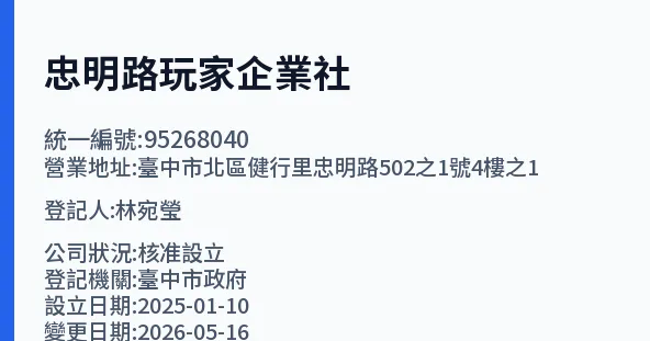 忠明路玩家企業社的照片-統編 95268040(臺中市) 公司登記資料與營業項目詳細圖表