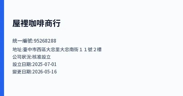 屋裡咖啡商行的照片-統編 95268288(臺中市) 公司登記資料與營業項目詳細圖表