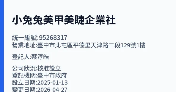 小兔兔美甲美睫企業社的照片-統編 95268317(臺中市) 公司登記資料與營業項目詳細圖表