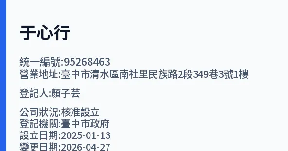 于心行的照片-統編 95268463(臺中市) 公司登記資料與營業項目詳細圖表