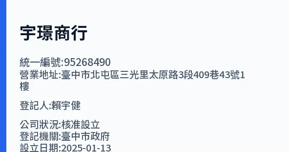 宇璟商行的照片-統編 95268490(臺中市) 公司登記資料與營業項目詳細圖表