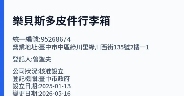 樂貝斯多皮件行李箱的照片-統編 95268674(臺中市) 公司登記資料與營業項目詳細圖表