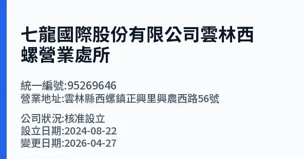 七龍國際股份有限公司雲林西螺營業處所的照片-統編 95269646(雲林縣) 公司登記資料與營業項目詳細圖表