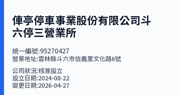 俥亭停車事業股份有限公司斗六停三營業所的照片-統編 95270427(雲林縣) 公司登記資料與營業項目詳細圖表