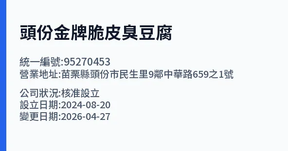 頭份金牌脆皮臭豆腐的照片-統編 95270453(苗栗縣) 公司登記資料與營業項目詳細圖表