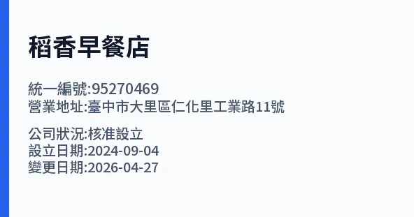 稻香早餐店的照片-統編 95270469(臺中市) 公司登記資料與營業項目詳細圖表