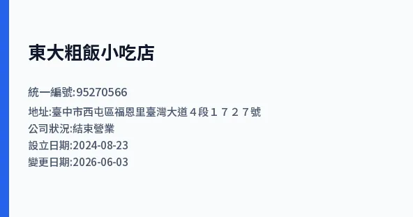 東大粗飯小吃店的照片-統編 95270566(臺中市) 公司登記資料與營業項目詳細圖表