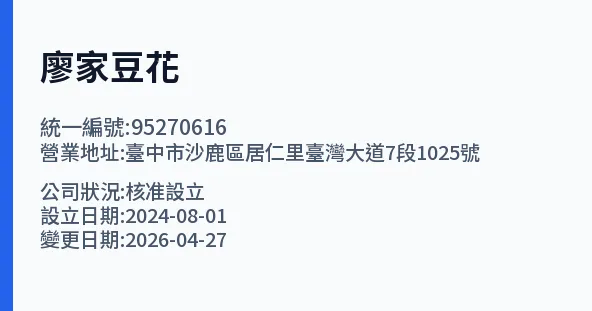 廖家豆花的照片-統編 95270616(臺中市) 公司登記資料與營業項目詳細圖表