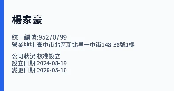 楊家豪的照片-統編 95270799(臺中市) 公司登記資料與營業項目詳細圖表