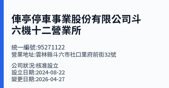 俥亭停車事業股份有限公司斗六機十二營業所的照片-統編 95271122(雲林縣) 公司登記資料與營業項目詳細圖表