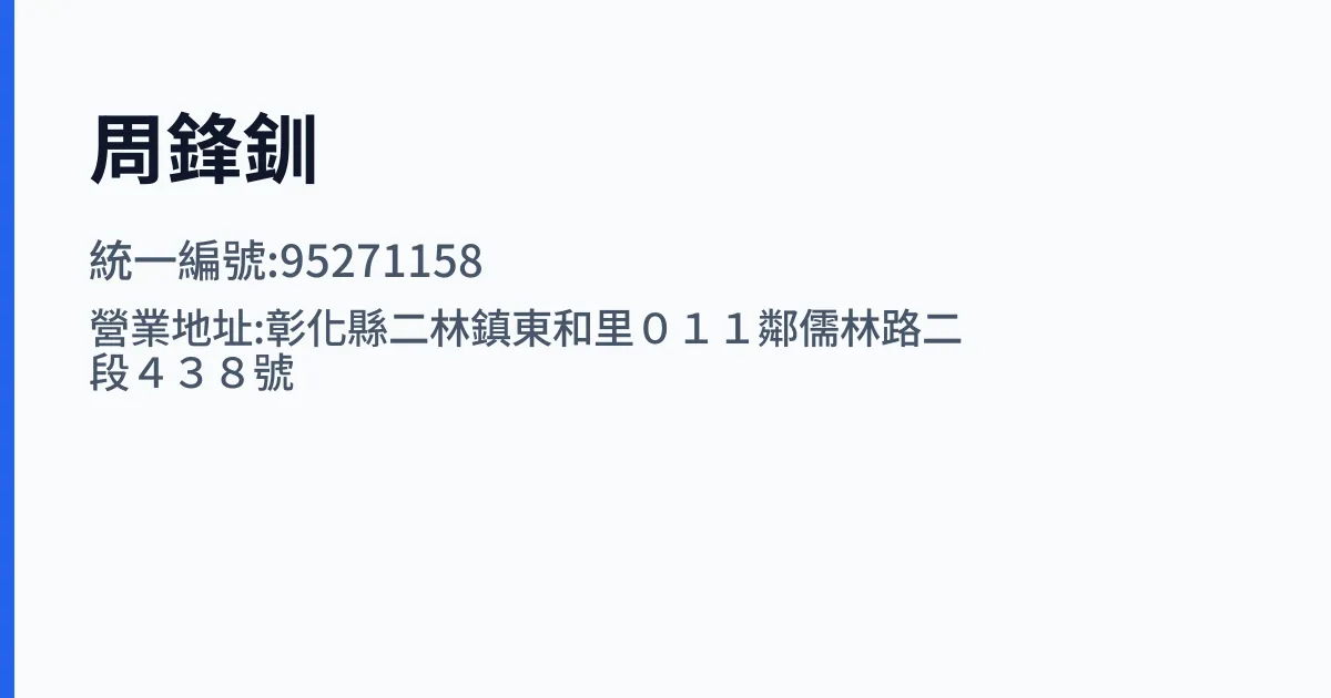 周鋒釧 - 統編 95271158(彰化縣) 公司登記資料與營業項目詳細圖表