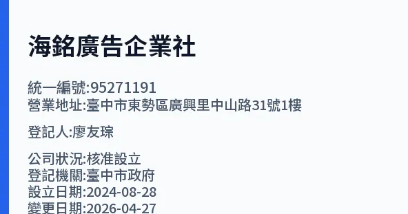海銘廣告企業社的照片-統編 95271191(臺中市) 公司登記資料與營業項目詳細圖表