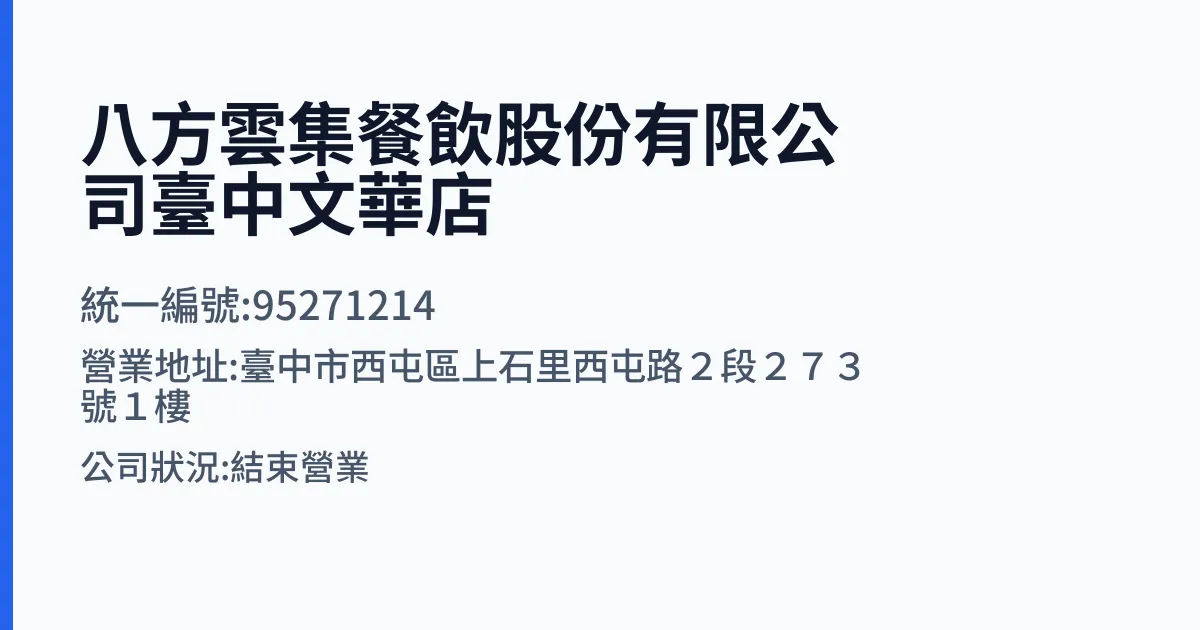 八方雲集餐飲股份有限公司臺中文華店 - 統編 95271214(臺中市) 公司登記資料與營業項目詳細圖表