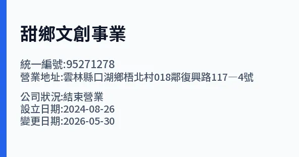 甜鄉文創事業的照片-統編 95271278(雲林縣) 公司登記資料與營業項目詳細圖表