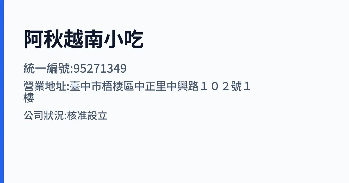 阿秋越南小吃 - 統編 95271349(臺中市) 公司登記資料與營業項目詳細圖表