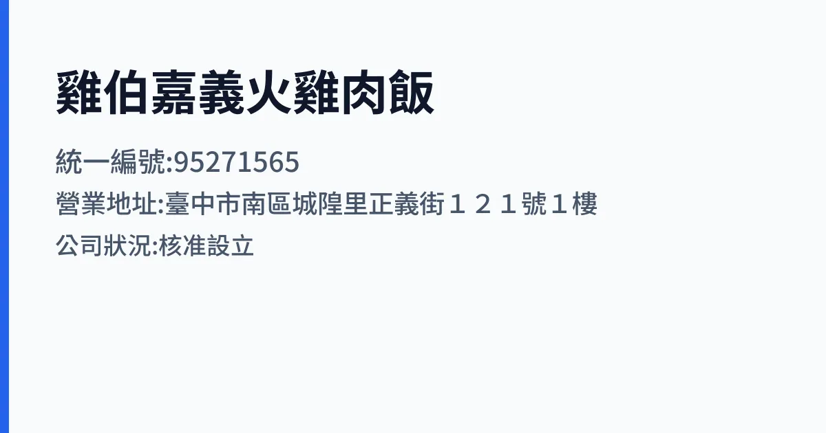 雞伯嘉義火雞肉飯 - 統編 95271565(臺中市) 公司登記資料與營業項目詳細圖表
