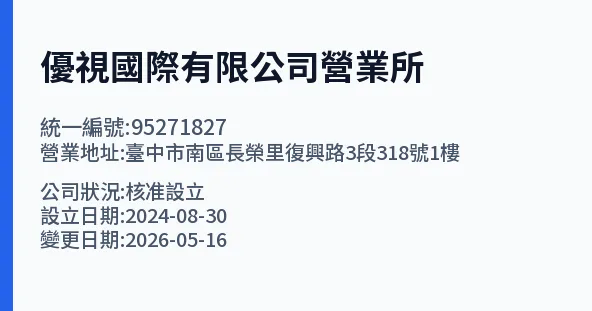 優視國際有限公司營業所的照片-統編 95271827(臺中市) 公司登記資料與營業項目詳細圖表