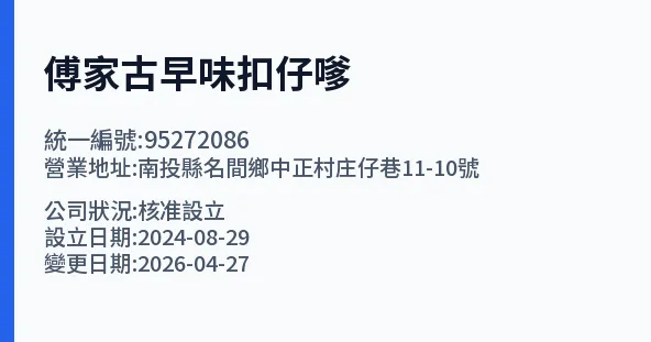 傅家古早味扣仔嗲的照片-統編 95272086(南投縣) 公司登記資料與營業項目詳細圖表