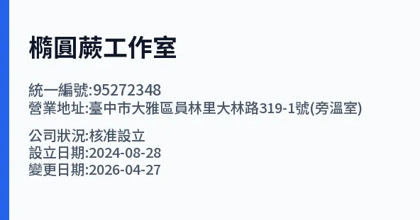 橢圓蕨工作室的照片-統編 95272348(臺中市) 公司登記資料與營業項目詳細圖表
