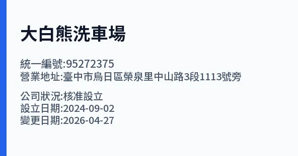 大白熊洗車場的照片-統編 95272375(臺中市) 公司登記資料與營業項目詳細圖表