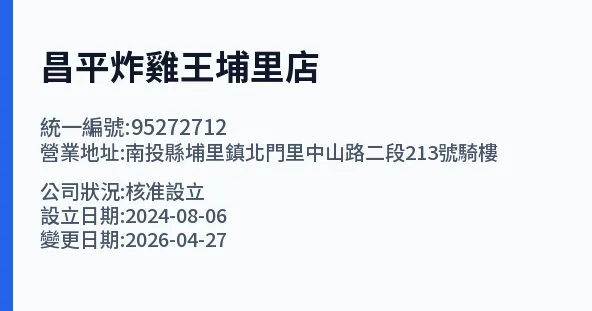 昌平炸雞王埔里店的照片-統編 95272712(南投縣) 公司登記資料與營業項目詳細圖表