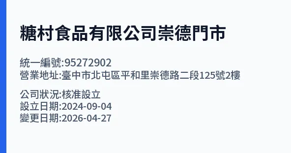 糖村食品有限公司崇德門市的照片-統編 95272902(臺中市) 公司登記資料與營業項目詳細圖表