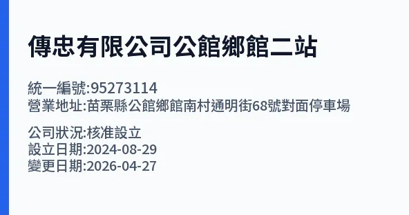 傳忠有限公司公館鄉館二站的照片-統編 95273114(苗栗縣) 公司登記資料與營業項目詳細圖表