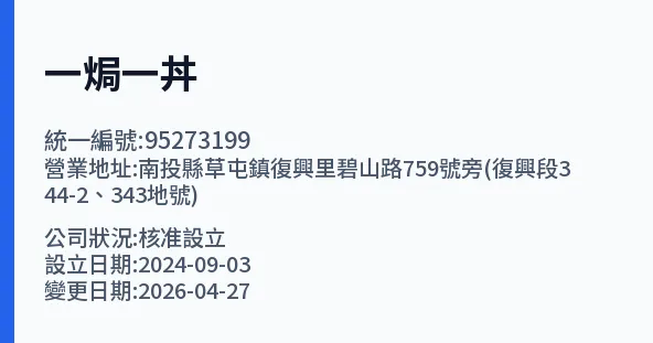 一焗一丼的照片-統編 95273199(南投縣) 公司登記資料與營業項目詳細圖表