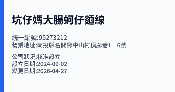 坑仔媽大腸蚵仔麵線的照片-統編 95273212(南投縣) 公司登記資料與營業項目詳細圖表