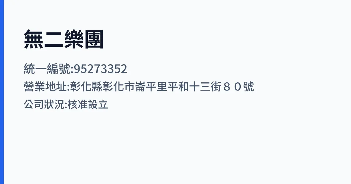 無二樂團 - 統編 95273352(彰化縣) 公司登記資料與營業項目詳細圖表