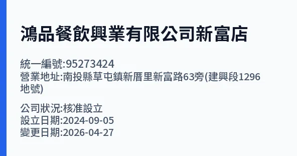 鴻品餐飲興業有限公司新富店的照片-統編 95273424(南投縣) 公司登記資料與營業項目詳細圖表