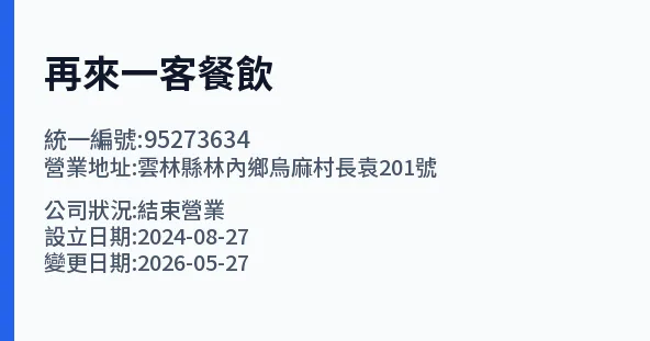 再來一客餐飲的照片-統編 95273634(雲林縣) 公司登記資料與營業項目詳細圖表