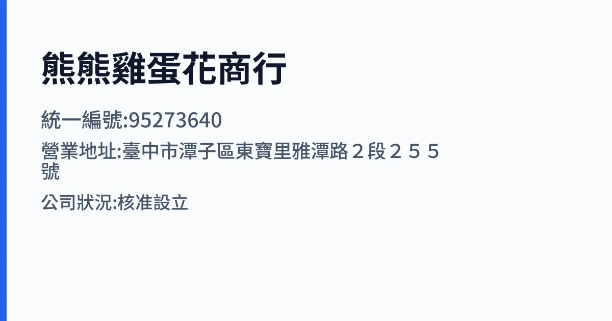 熊熊雞蛋花商行 - 統編 95273640(臺中市) 公司登記資料與營業項目詳細圖表