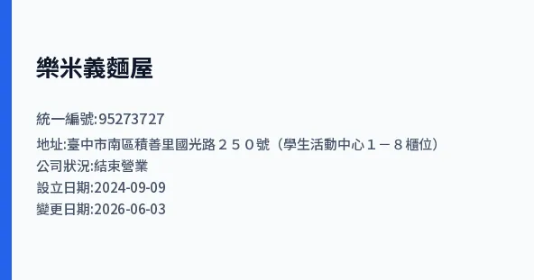 樂米義麵屋的照片-統編 95273727(臺中市) 公司登記資料與營業項目詳細圖表