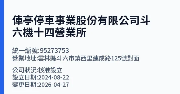 俥亭停車事業股份有限公司斗六機十四營業所的照片-統編 95273753(雲林縣) 公司登記資料與營業項目詳細圖表