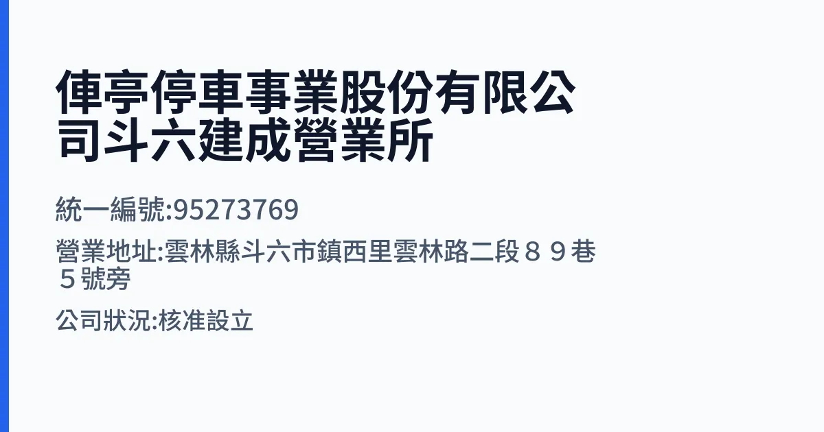 俥亭停車事業股份有限公司斗六建成營業所 - 統編 95273769(雲林縣) 公司登記資料與營業項目詳細圖表