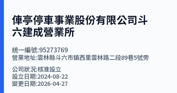 俥亭停車事業股份有限公司斗六建成營業所的照片-統編 95273769(雲林縣) 公司登記資料與營業項目詳細圖表