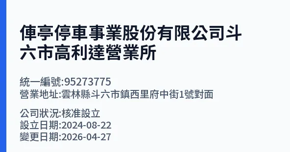 俥亭停車事業股份有限公司斗六市高利達營業所的照片-統編 95273775(雲林縣) 公司登記資料與營業項目詳細圖表