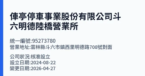 俥亭停車事業股份有限公司斗六明德陸橋營業所的照片-統編 95273780(雲林縣) 公司登記資料與營業項目詳細圖表