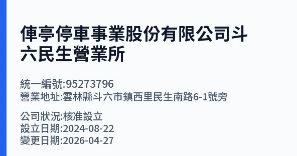 俥亭停車事業股份有限公司斗六民生營業所的照片-統編 95273796(雲林縣) 公司登記資料與營業項目詳細圖表