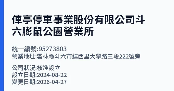 俥亭停車事業股份有限公司斗六膨鼠公園營業所的照片-統編 95273803(雲林縣) 公司登記資料與營業項目詳細圖表