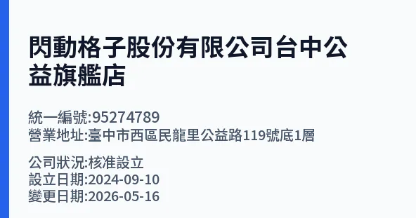 閃動格子股份有限公司台中公益旗艦店的照片-統編 95274789(臺中市) 公司登記資料與營業項目詳細圖表