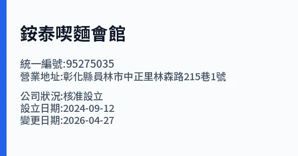 銨泰喫麵會館的照片-統編 95275035(彰化縣) 公司登記資料與營業項目詳細圖表