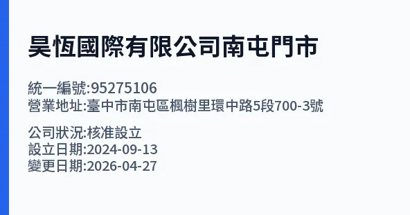 昊恆國際有限公司南屯門市的照片-統編 95275106(臺中市) 公司登記資料與營業項目詳細圖表
